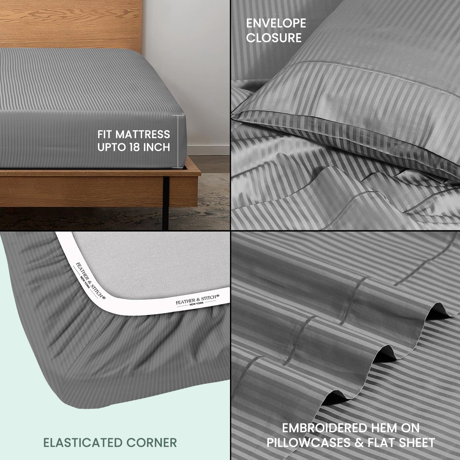Feather & Stitch 500 TC Full Size Damask Bed Sheet Set, 100% Cotton Soft Breathable Bedsheets, 4 Piece 18" Deep Pockets Sateen Weave Striped Bedding Mattress Resort Hotel Luxury- (Grey, Full)