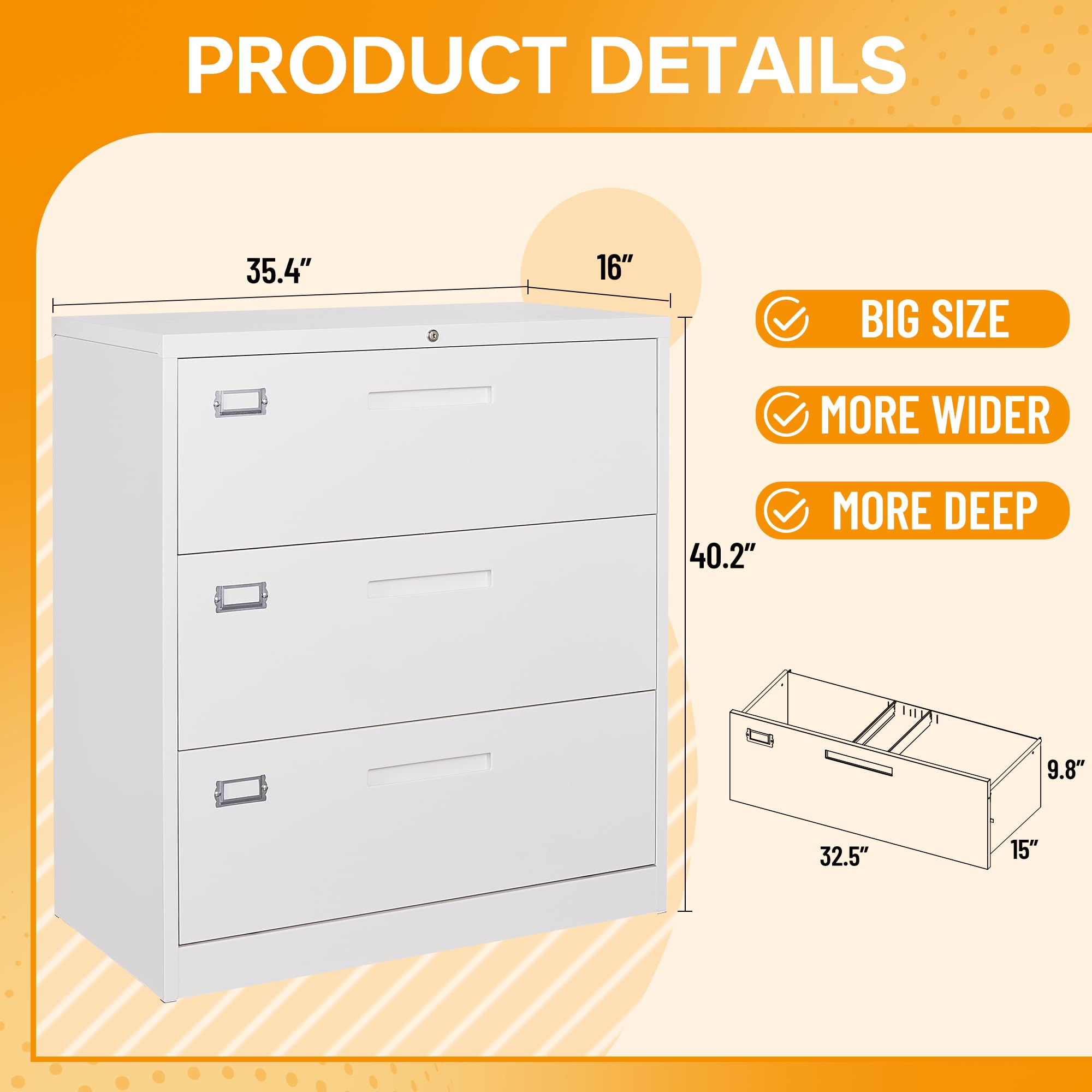 Lateral File Cabinet with Lock, 3 Drawer Lateral Filing Cabinet, Metal Lateral File Cabinet for Home and Office, Metal Storage File Cabinet for Hanging Files Letter/Legal/F4/A4 Size