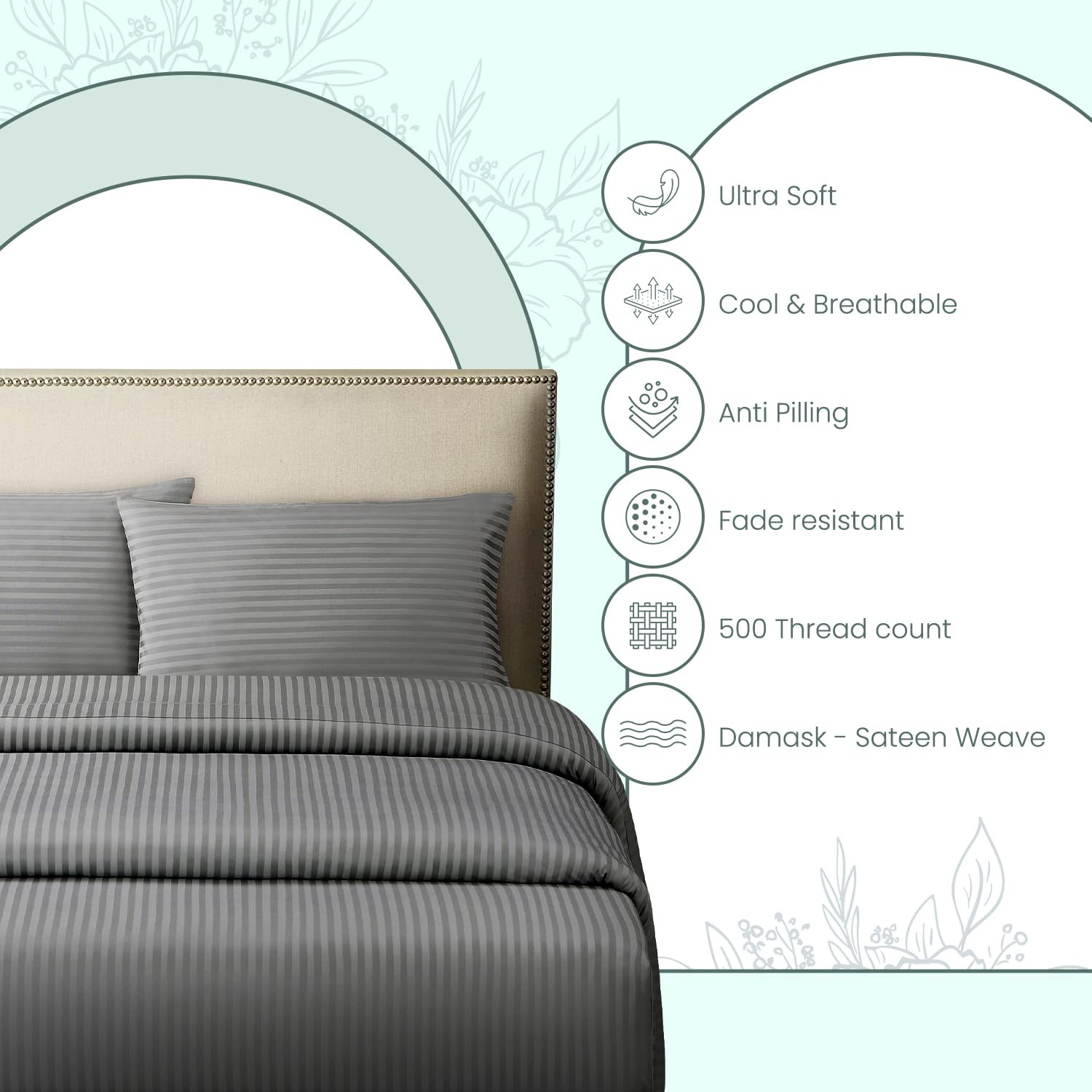Feather & Stitch 500 TC Full Size Damask Bed Sheet Set, 100% Cotton Soft Breathable Bedsheets, 4 Piece 18" Deep Pockets Sateen Weave Striped Bedding Mattress Resort Hotel Luxury- (Grey, Full)