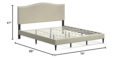 Glenwillow Home Kameli Upholstered Platform Bed Frame/Nailhead Trim Camelback/Mattress Foundation/No Box Spring Needed/Easy Assembly, Beige, California King
