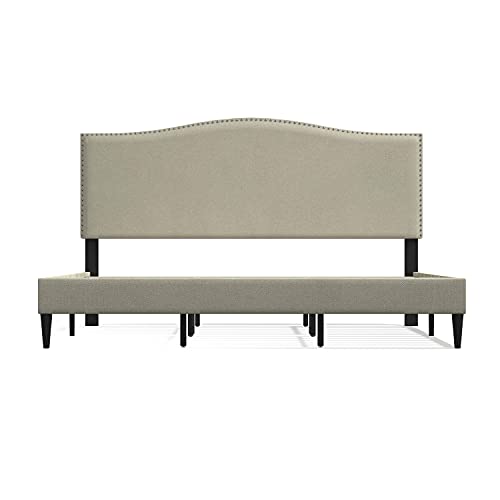 Glenwillow Home Kameli Upholstered Platform Bed Frame/Nailhead Trim Camelback/Mattress Foundation/No Box Spring Needed/Easy Assembly, Beige, California King