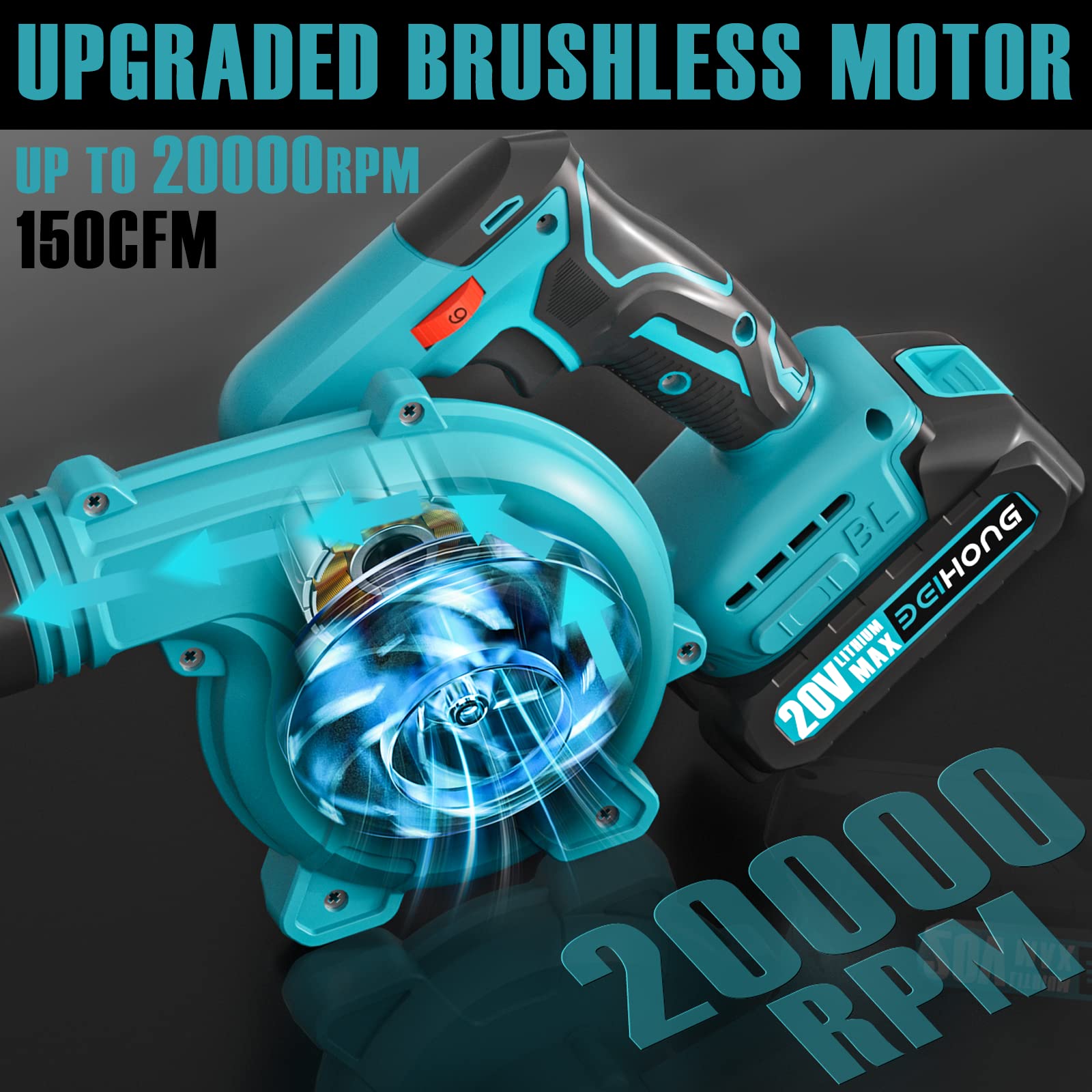 BEI & Hong Cordless Leaf Blower, Upgraded Brushless Motor Electric Leaf Blower, 6 Variable Speed, with 20V Battery and Charger, 2.5LBS Lightweight Mini Leaf Blowers for Lawn Care/Blowing Dust