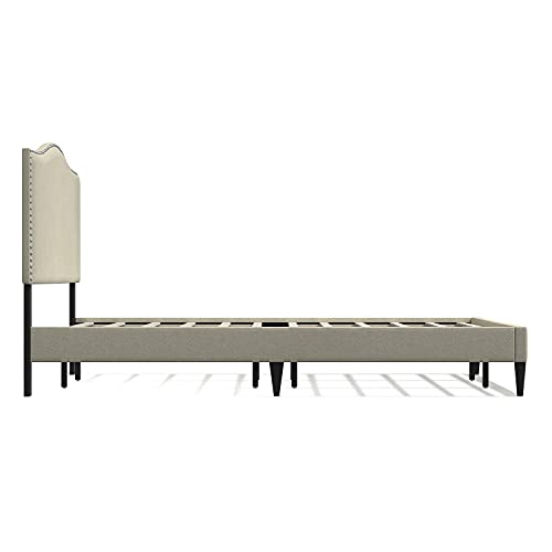 Glenwillow Home Kameli Upholstered Platform Bed Frame/Nailhead Trim Camelback/Mattress Foundation/No Box Spring Needed/Easy Assembly, Beige, California King