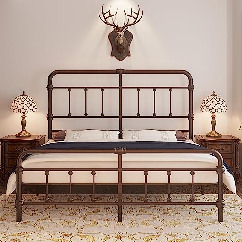 Macbimony Cal-King-Bed-Frame with headboard Giselle-Vintage Antique-Metal - Iron Platform Mattress Foundation,49 inch High,No Box Spring Needed(Brown)