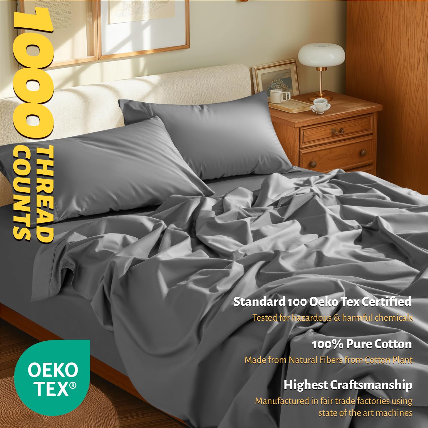 Shilucheng 100% Egyptian Cotton King Size Sheets Set - 1000 Thread Count,Luxury Cotton Bed Sheets,Breathable & Cooling Bedding and Pillow Cases, 16 Inch Deep Pocket - 4 Piece (King, Grey)