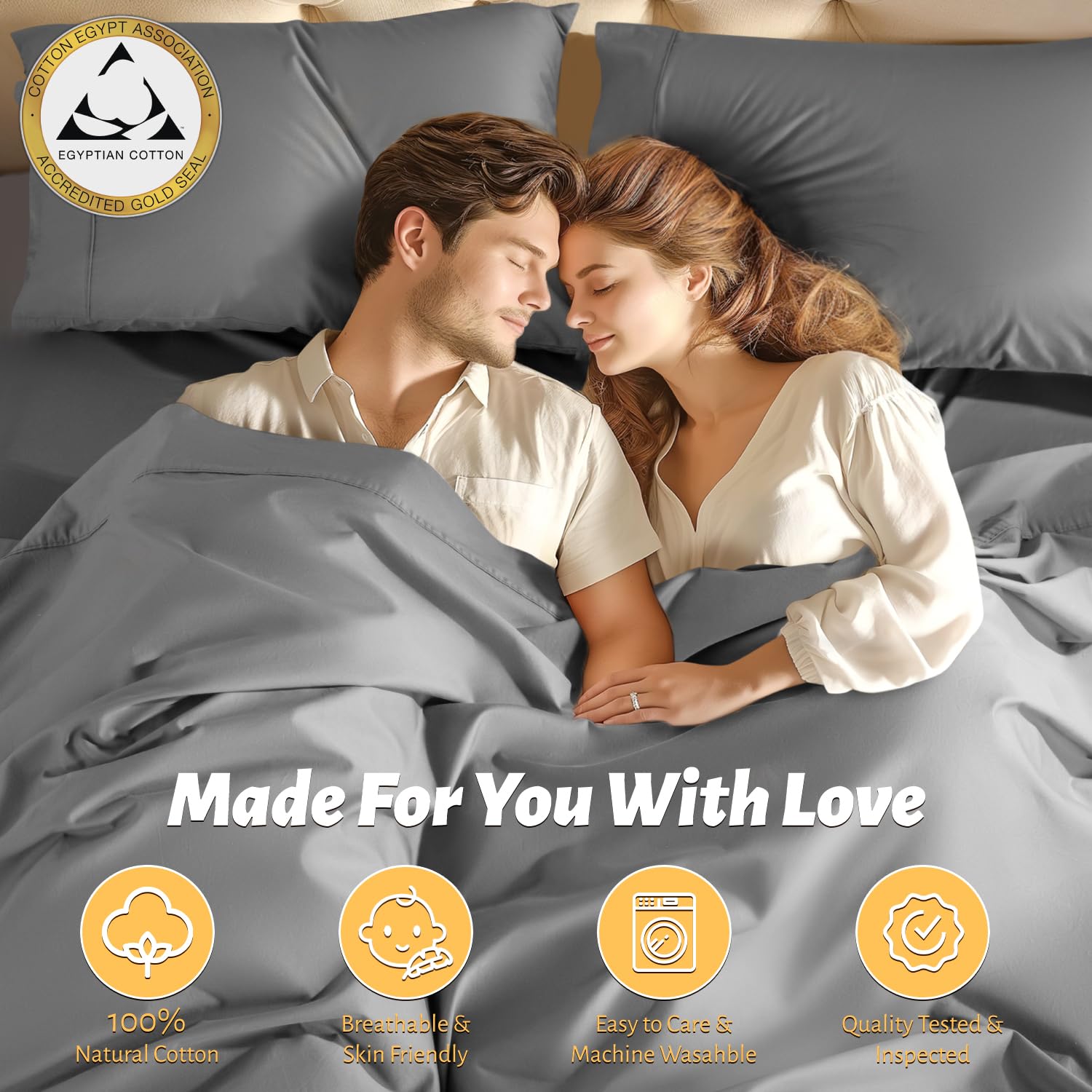Shilucheng 100% Egyptian Cotton King Size Sheets Set - 1000 Thread Count,Luxury Cotton Bed Sheets,Breathable & Cooling Bedding and Pillow Cases, 16 Inch Deep Pocket - 4 Piece (King, Grey)