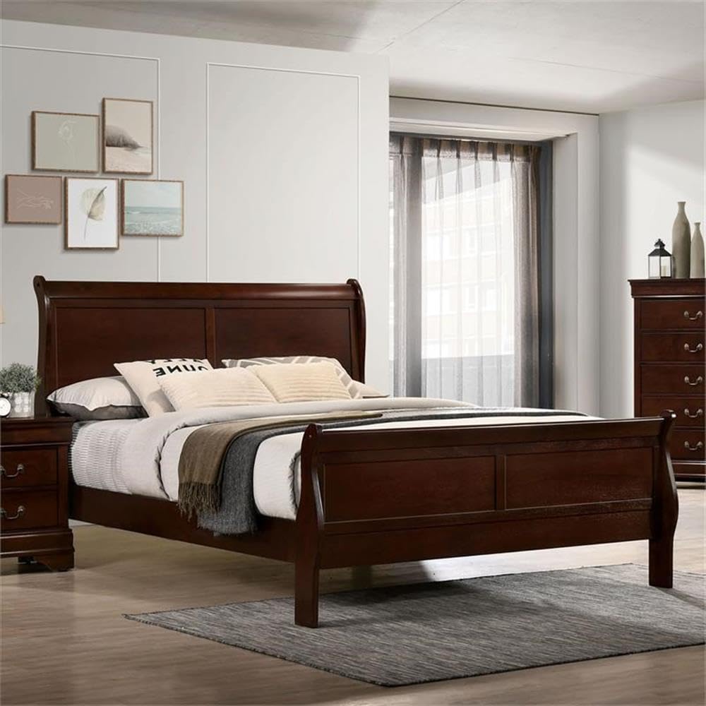 Furniture of America Jussy Transitional Solid Wood Cal King Sleigh Bed in Cherry