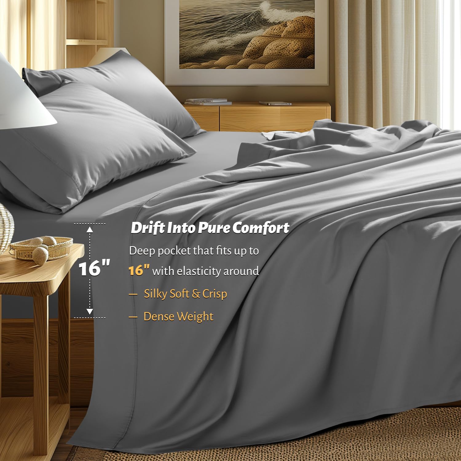 Shilucheng 100% Egyptian Cotton King Size Sheets Set - 1000 Thread Count,Luxury Cotton Bed Sheets,Breathable & Cooling Bedding and Pillow Cases, 16 Inch Deep Pocket - 4 Piece (King, Grey)