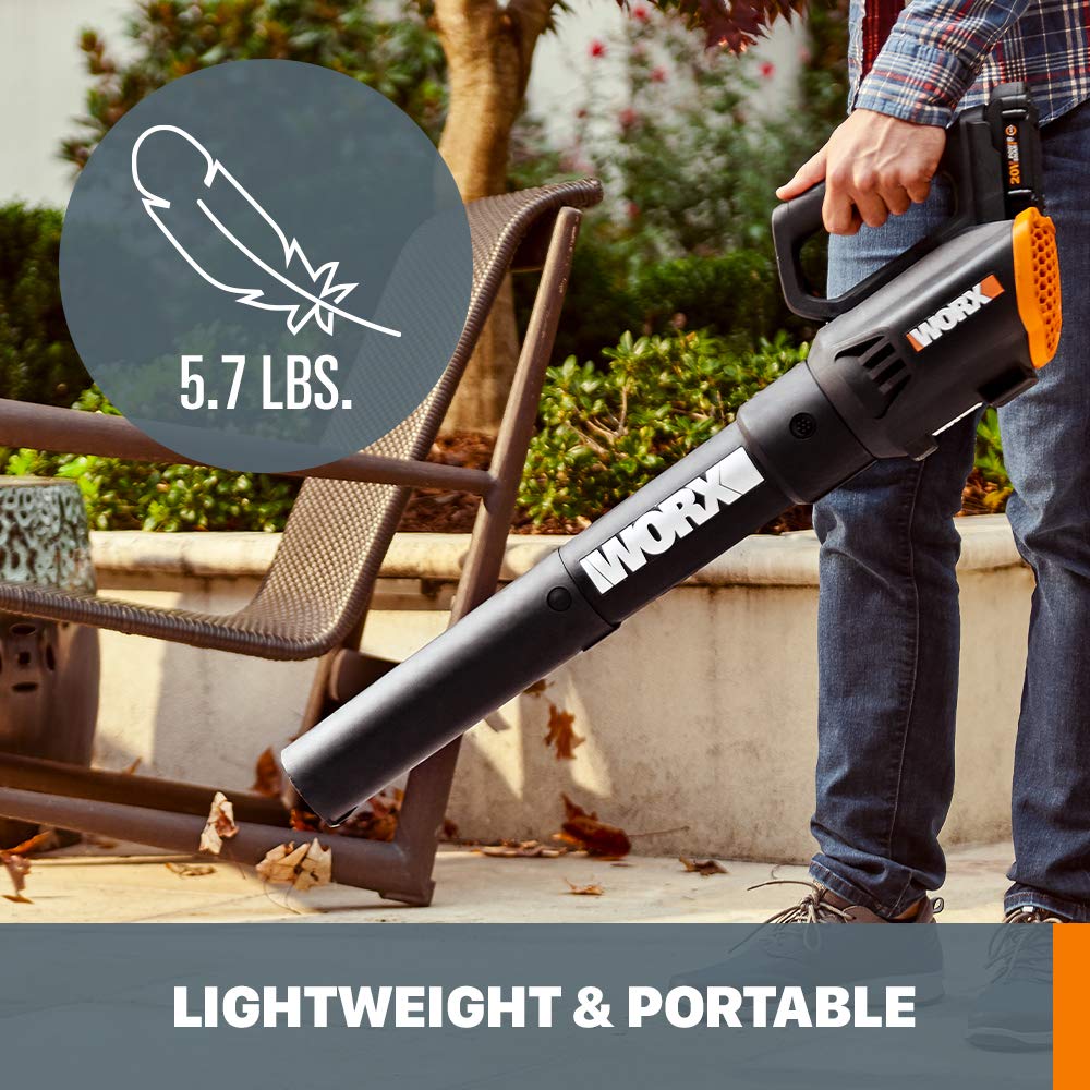 WORX 20V Cordless Leaf Blower WG547.1, Electric Blower, Powerful Turbine Fan Technology, 2-Speed Control, for One-Hand Operation, PowerShare – 2pcs 2.0 Ah Battery and 1pc 0.4 A Charger Included