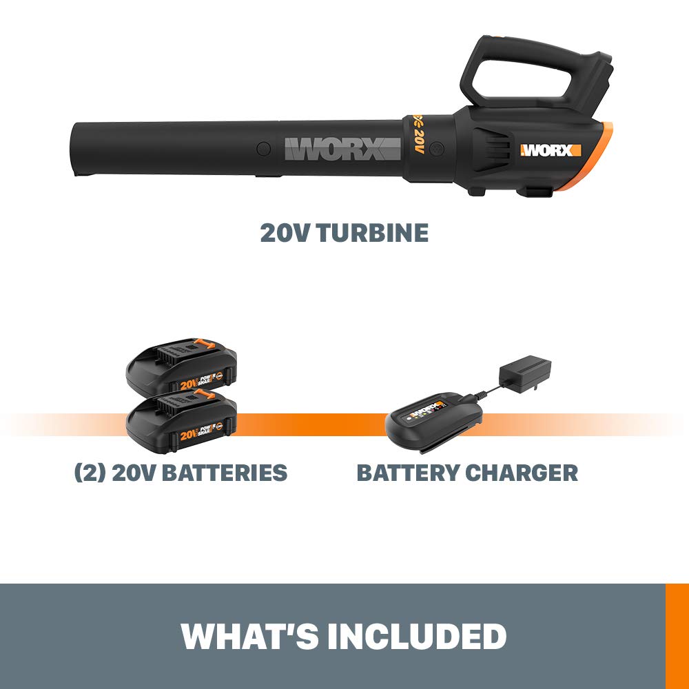 WORX 20V Cordless Leaf Blower WG547.1, Electric Blower, Powerful Turbine Fan Technology, 2-Speed Control, for One-Hand Operation, PowerShare – 2pcs 2.0 Ah Battery and 1pc 0.4 A Charger Included