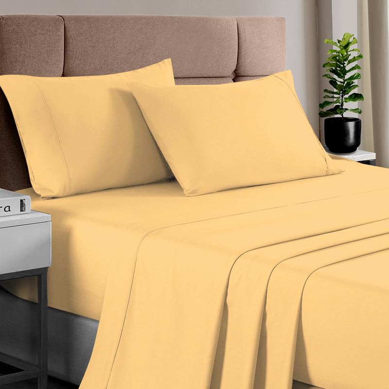 Pizuna Pure 100% Cotton Queen Bed Sheets Set Golden Yellow, Luxurious 400 Thread Count Long Staple Cotton Sateen Sheets with 15" Deep Pocket (Combed Cotton Queen Sheet Set - 4PC)