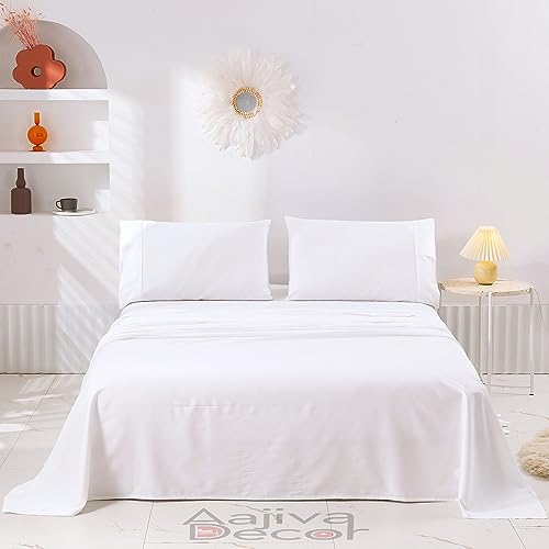 AAJIVA DECORE - 100% Egyptian Cotton Durable Bed Sheets- 600 Thread Count 4 Piece King Size White Sheet Set Sateen Weave Long Staple Cotton Bedding Hotel Fits Upto 16" Mattress White