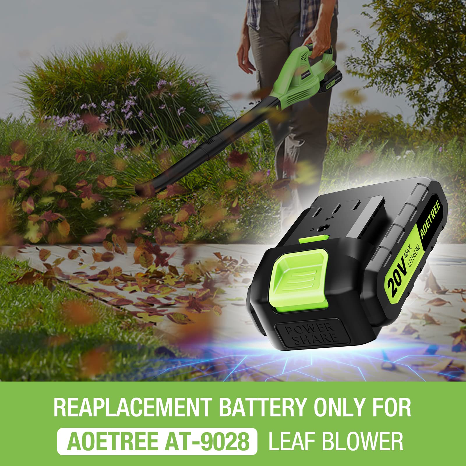 Aoetree 20V 2.0 Ah Battery Only AT-9028 Cordless Leaf Blower - Rechargeable Replacement Battery Only (Charger Not Included)