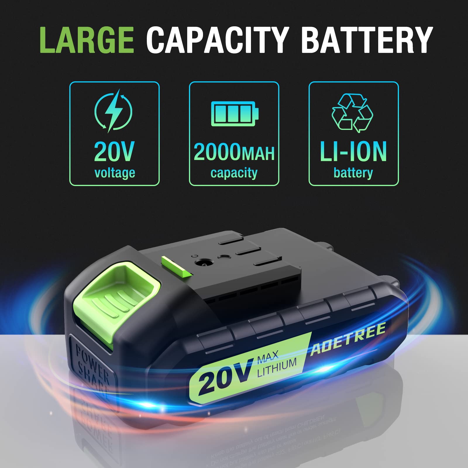 Aoetree 20V 2.0 Ah Battery Only AT-9028 Cordless Leaf Blower - Rechargeable Replacement Battery Only (Charger Not Included)