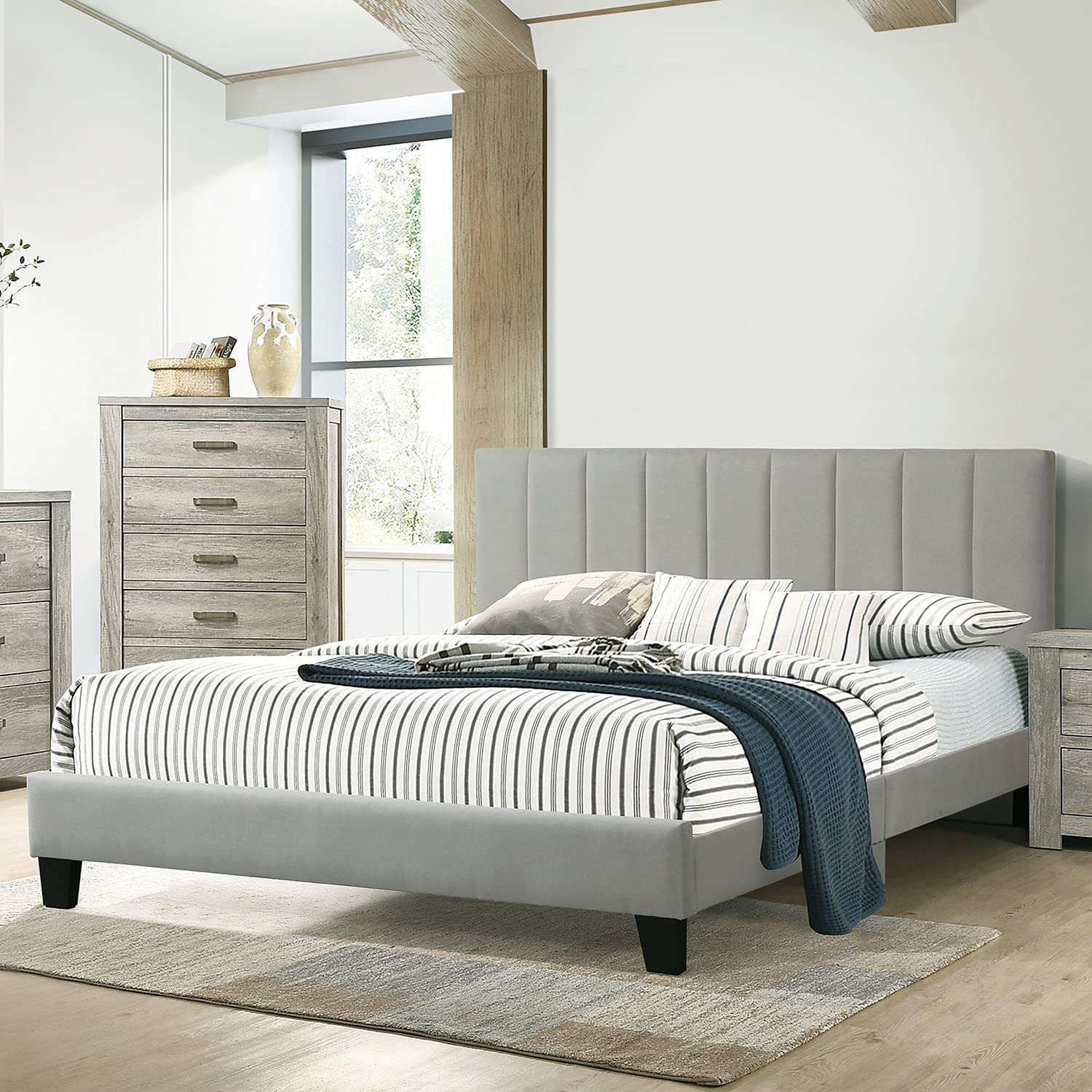 Grey Polyfiber Upholstered Cal. King Size Bed