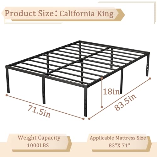 Besebay California King Bed Frame 18 Inch Heavy Duty Metal Frames with Steel Slats Support Ample Storage No Box Spring Needed, Easy Assembly, Noise Free, Black