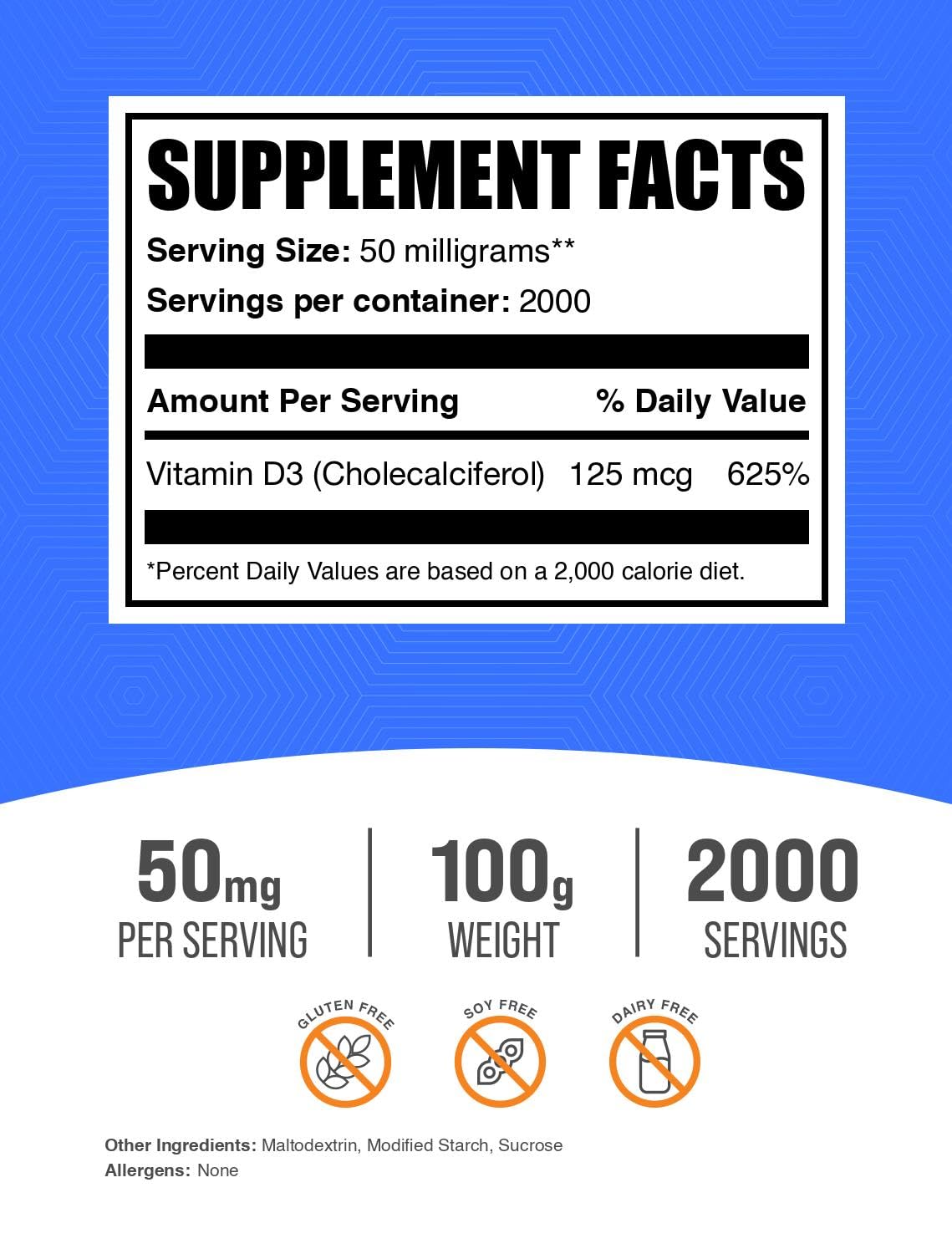 BulkSupplements.com Vitamin D3 Powder - Cholecalciferol, Vitamin D Supplements, Vitamin D3 5000 IU - Gluten Free, 50mg (125mcg of Vitamin D3) per Serving, 100g (3.5 oz) (Pack of 1)