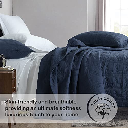 100% Cotton Quilt Set King Size, Navy Blue Pre-washed 3-Piece Bedspread Coverlet Set, Cozy Lightweight Stitching Decorative Bedding Cover with 2 Shams in Geometric Pattern Rustic Style for All Season