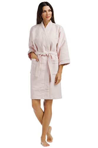 Fishers Finery Women's Waffle Knit Cotton Modal Kimono Spa Robe; Above Knee Length with Pockets and Tie Waist, Luxury Bathrobe (Pink,S)