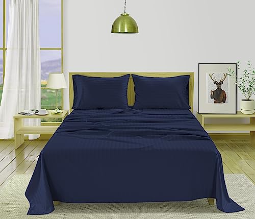 100% Egyption Cotton Queen Size Solid Sheet Set & Striped Sheets Set of 2 Combo- 800 Thread Count Sateen Weave Queen Size Solid Sheets & Striped Sheets, Deep Pocket Cotton Bedsheets - Dark Denim