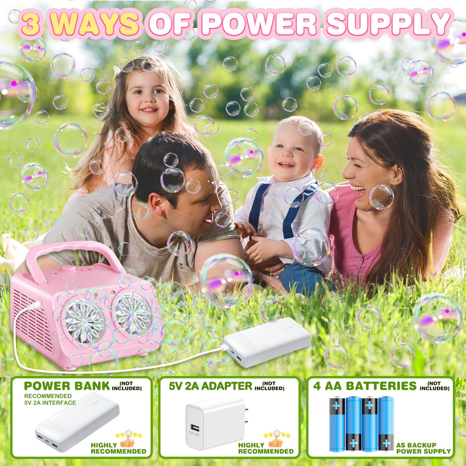 FUNNYB&G Automatic Bubble Machine, 16000+ Bubbles Per Minute Portable Bubble Maker, Plug-in or Battery Powered Indoor Outdoor Party Birthday Christmas (Pink)