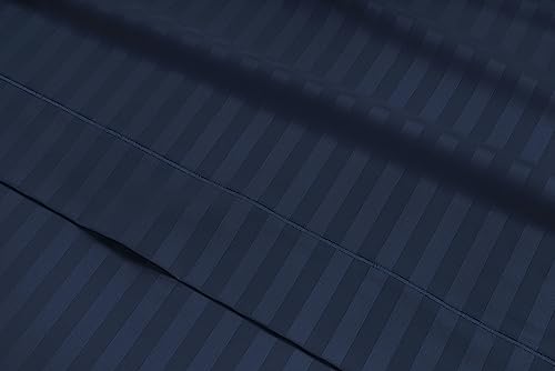 100% Egyption Cotton Queen Size Solid Sheet Set & Striped Sheets Set of 2 Combo- 800 Thread Count Sateen Weave Queen Size Solid Sheets & Striped Sheets, Deep Pocket Cotton Bedsheets - Dark Denim