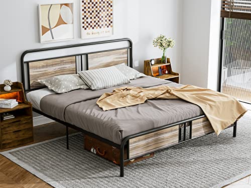 IKIFLY California King Bed Frames, Metal Cal King Platform Bed Frame with Wood Headboard/Footboard, Strong Steel Slats Support, Easy Assembly, No Box Spring Needed - Wood Brown