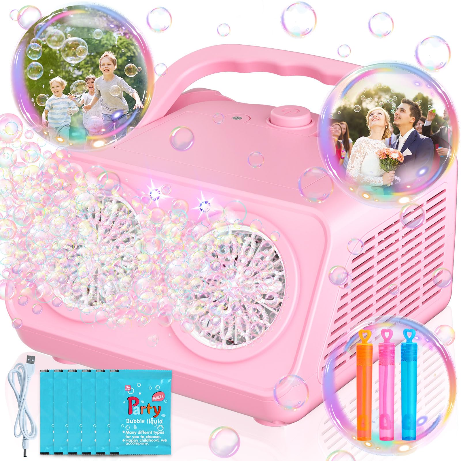 FUNNYB&G Automatic Bubble Machine, 16000+ Bubbles Per Minute Portable Bubble Maker, Plug-in or Battery Powered Indoor Outdoor Party Birthday Christmas (Pink)