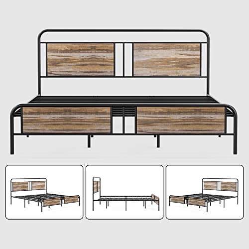 IKIFLY California King Bed Frames, Metal Cal King Platform Bed Frame with Wood Headboard/Footboard, Strong Steel Slats Support, Easy Assembly, No Box Spring Needed - Wood Brown