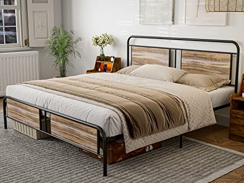 IKIFLY California King Bed Frames, Metal Cal King Platform Bed Frame with Wood Headboard/Footboard, Strong Steel Slats Support, Easy Assembly, No Box Spring Needed - Wood Brown