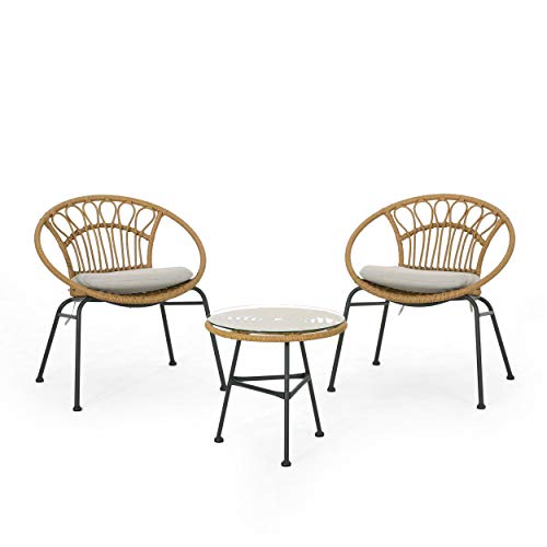 Christopher Knight Home Grace Outdoor 3 Piece Wicker Chat Set, Light Brown, Beige, and Black
