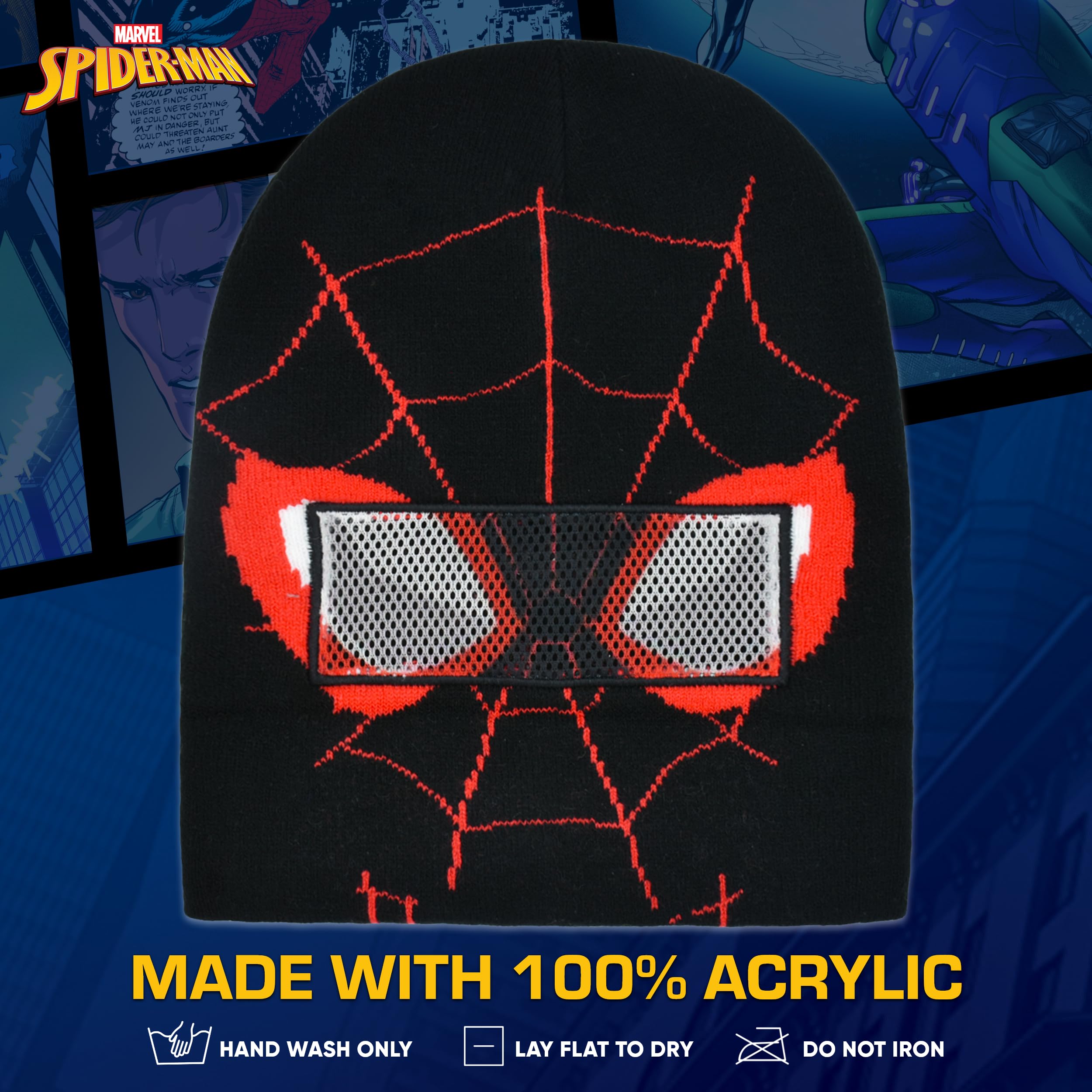 Marvel Spider-Man Miles Morales Roll Down Cuff Beanie Hat, Knitted Winter Skull Cap, Black/Red, One Size
