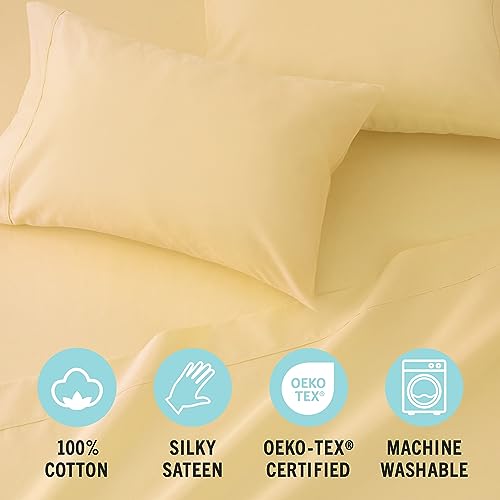 MARTHA STEWART 100% Cotton Queen Sheet Set - 4 Piece, Soft, Smooth, Durable, Easy Care, 16" Deep Pocket Sheets, Bedding Sheets, Sateen Sheets, 1 Flat, 1 Fitted, 2 Pillowcases, Yellow