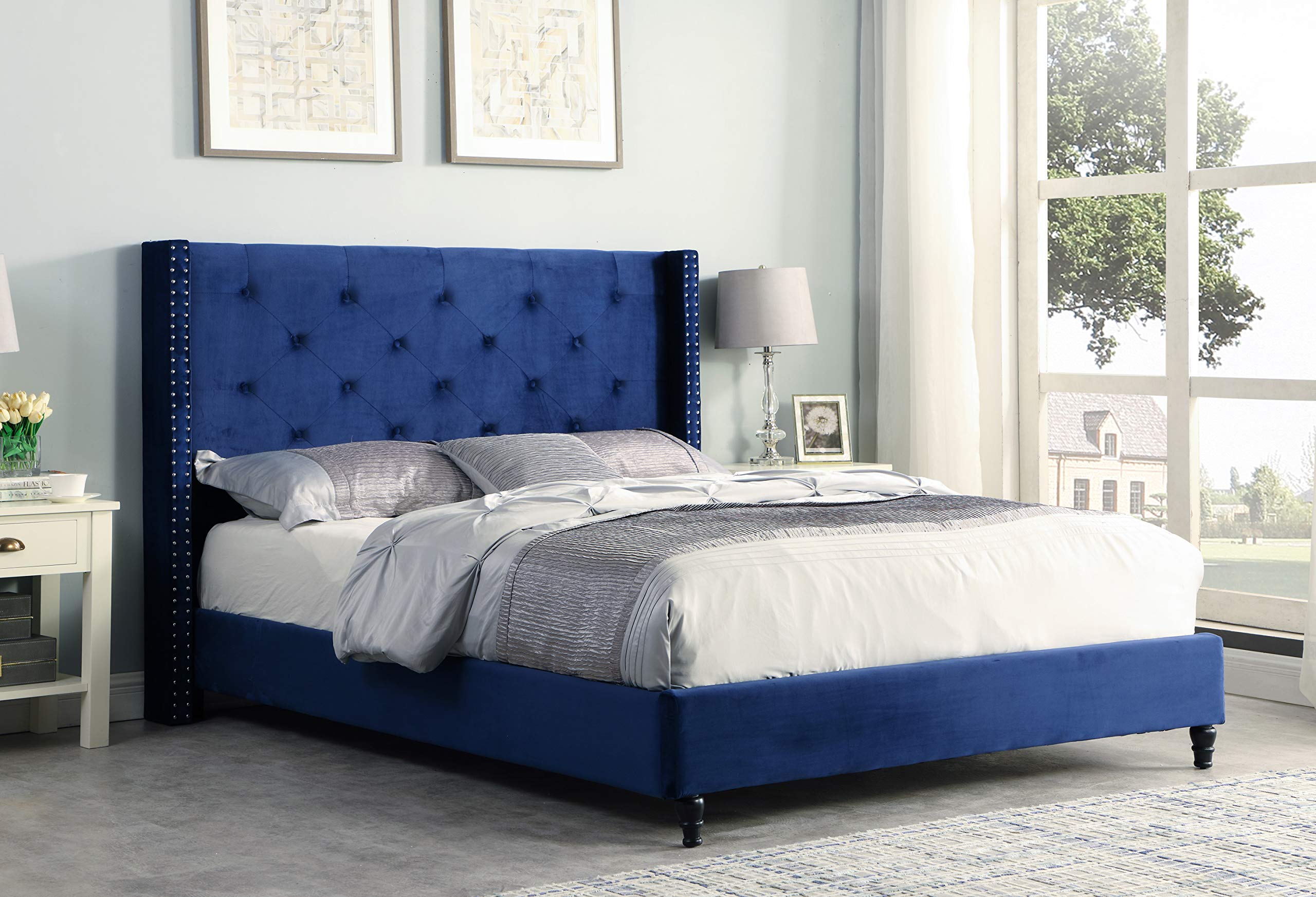 Best Master Furniture Vero Tufted Wingback Platform Bed, Cal. King, Navy Blue