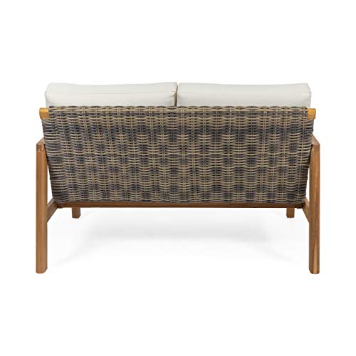 Christopher Knight Home Diana Outdoor Acacia Wood Loveseat with Wicker Accents, Teak Finish, Gray, Beige
