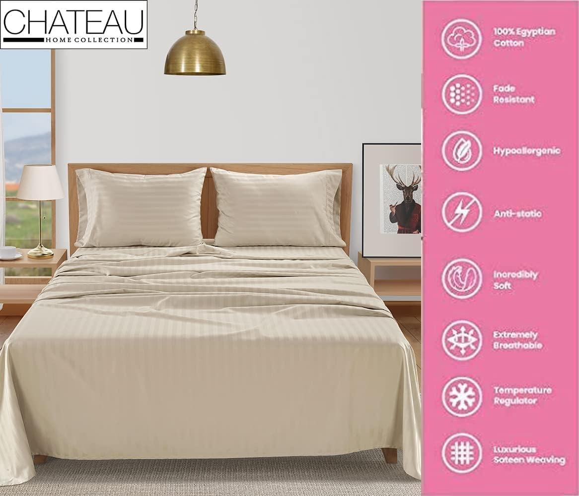 100% Egyption Cotton Cal King Solid Sheet Set & Striped Sheets Set of 2 Combo- 800 Thread Count Sateen Weave Cal KIng Size Solid Sheets & Striped Sheets, Deep Pocket Cotton Bedsheets - Linen