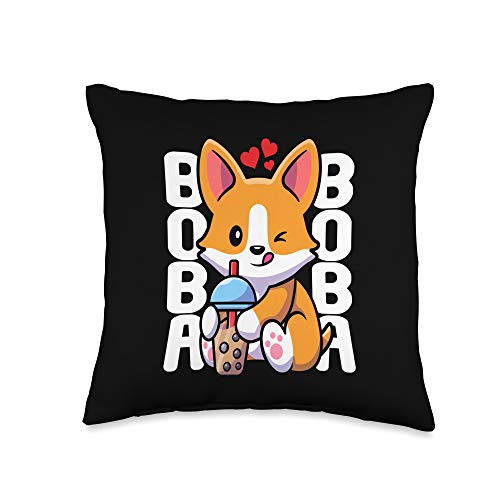 Adorable Corgi Doggy Furry Mammals Pedigree Canine Kawaii Boba Dog Corgi Drink Cute Anime Bubble Tea Heart Throw Pillow, 16x16, Multicolor