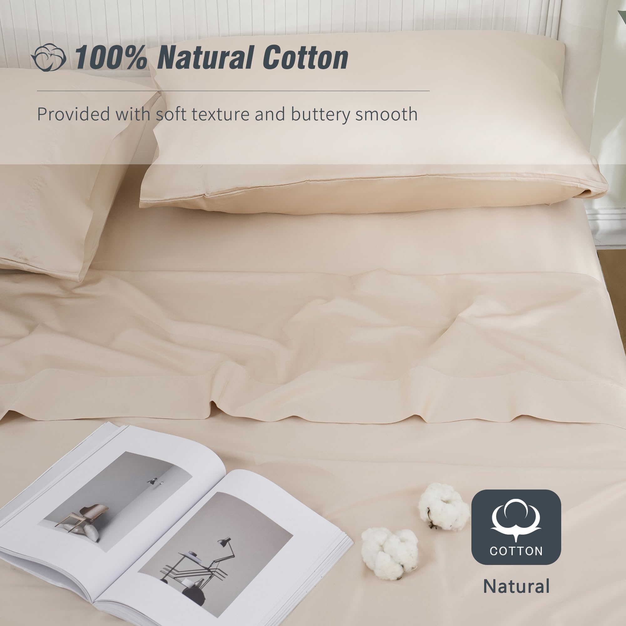 DOWNCOOL Queen Sheet Set - 100% Cotton Sheets Queen Size Set, 400 Thread Count Sateen, 16" Deep Pocket Queen Sheets, Silky Soft & Breathable Queen Bed Sheets, 4-Piece Hotel Luxury Beige Sheets Set