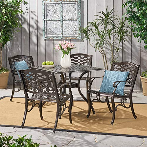 Christopher Knight Home Hallandale Outdoor Sarasota Cast Aluminum Square Dining Set, 5-Pcs Set, Hammered Bronze