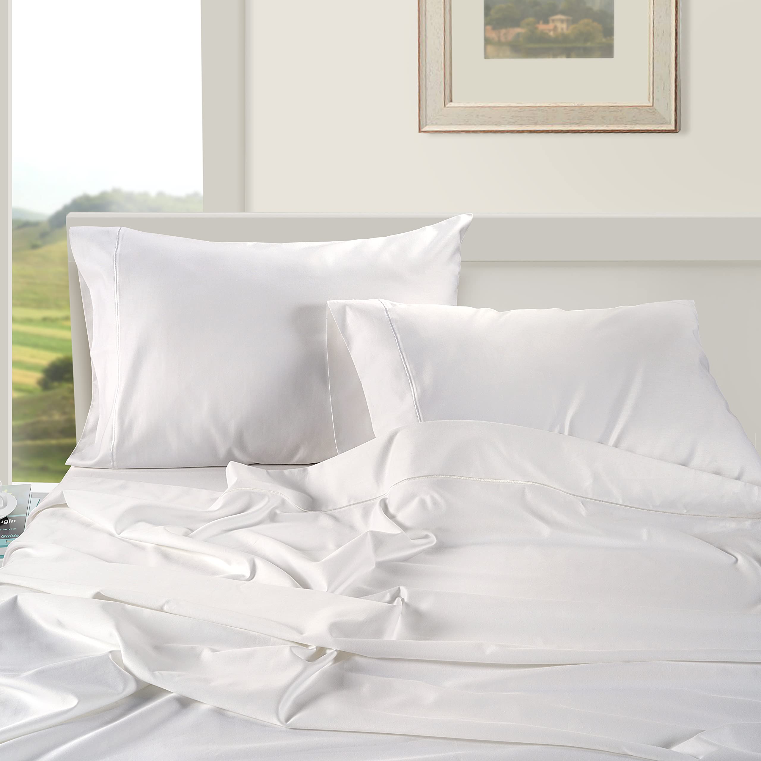 LANE LINEN 100% Egyptian Cotton Sheets Queen Size - 1000 Thread Count White Bed Sheets for Queen Size Bed, Long Staple Cotton Bedding Sheets, Sateen Weave, Luxury Hotel Sheets, Fits upto 17" Mattress