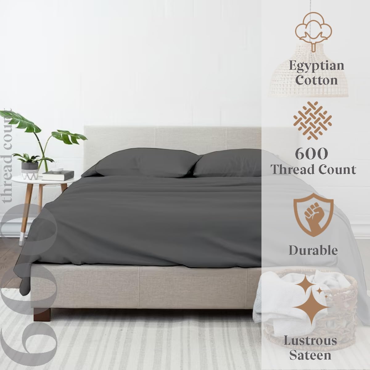 Peace Sleep Bedding - 600 TC Egyptian Cotton Sheets - Luxury Queen Size Cooling Bed Sheets - Soft Sateen Weave Cotton Sheets for Queen Bed - Deep Pocket Fits Upto 16" Deep Mattress - Dark Grey