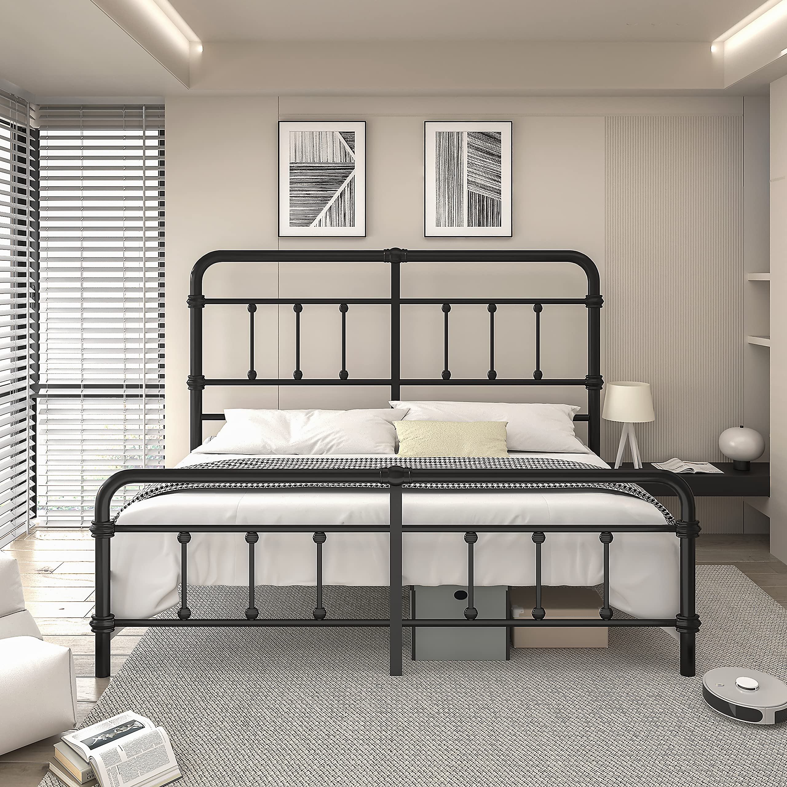 Macbimony California-King-Bed-Frames and headboard Giselle-Vintage Antique-Metal - Iron Platform Mattress Foundation,49 inch High,No Box Spring Needed(Black)