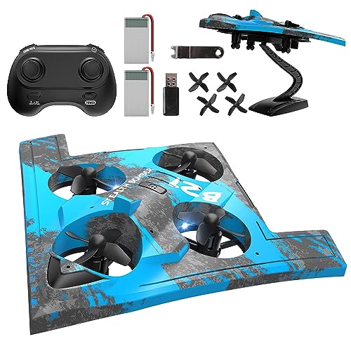 Trulloyoo Remote Control Drone for Beginners,RC Quadcopter Aircraft for Adults & Kids, B21 Fighter 2.4GHz 4-Channel Stunt Planes Airplane Toys with LED Lights, Birthday Boys Girls (Blue)