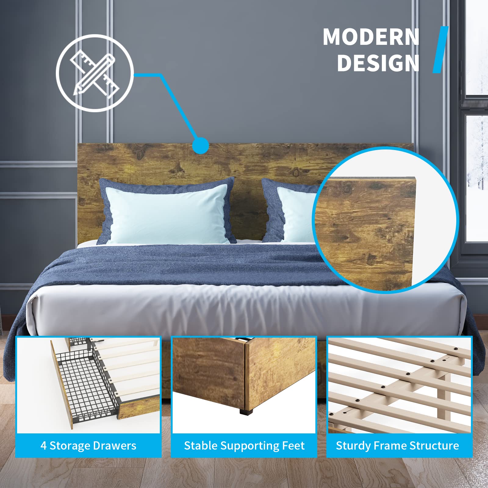 Mjkone California King Size Bed Frame with Storage, Rustic Cal King Size Platform Bed with Headboard, Platform Bed Frame with 4 Drawers, Wood Slat Support, No Box Spring Needed, Easy Assembly