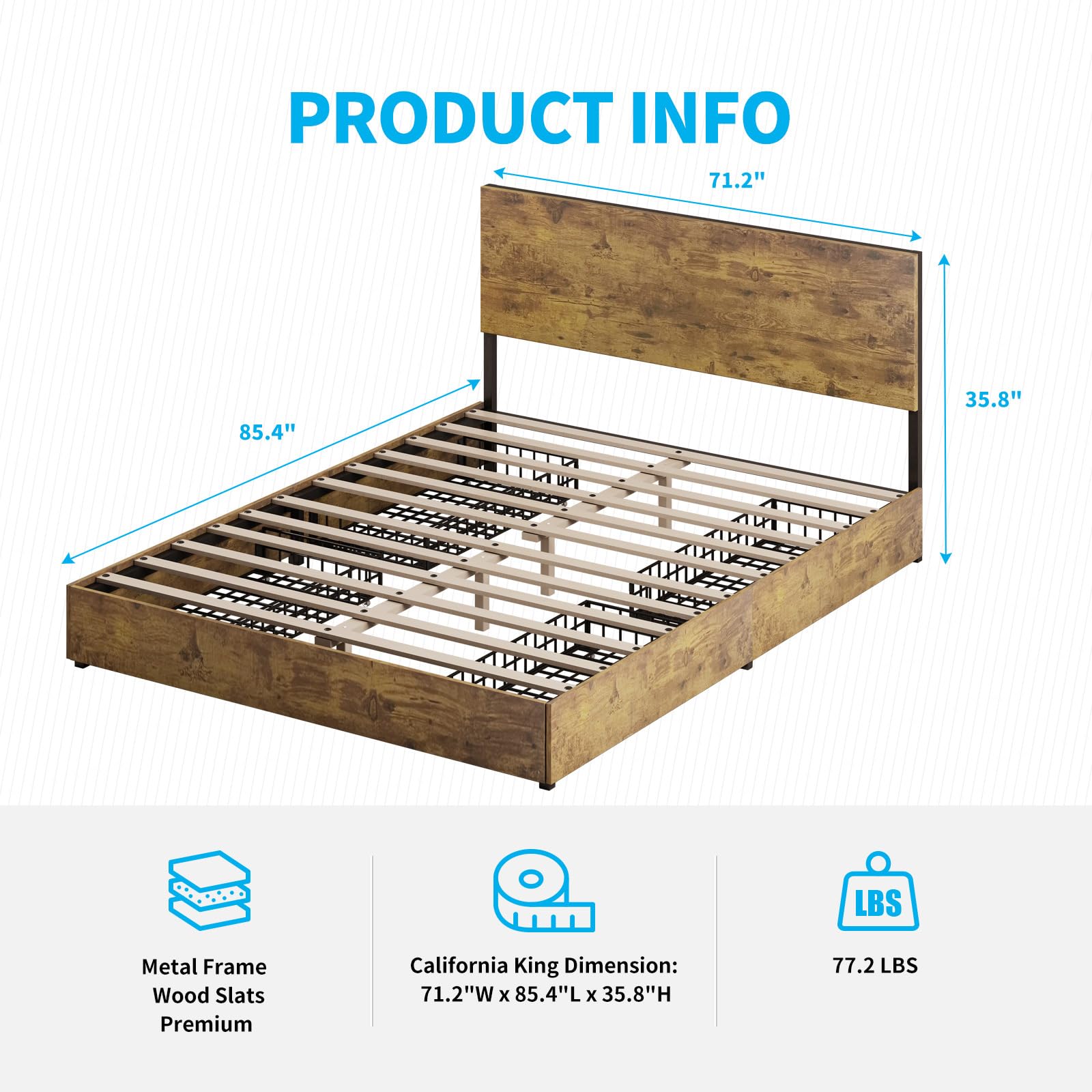 Mjkone California King Size Bed Frame with Storage, Rustic Cal King Size Platform Bed with Headboard, Platform Bed Frame with 4 Drawers, Wood Slat Support, No Box Spring Needed, Easy Assembly