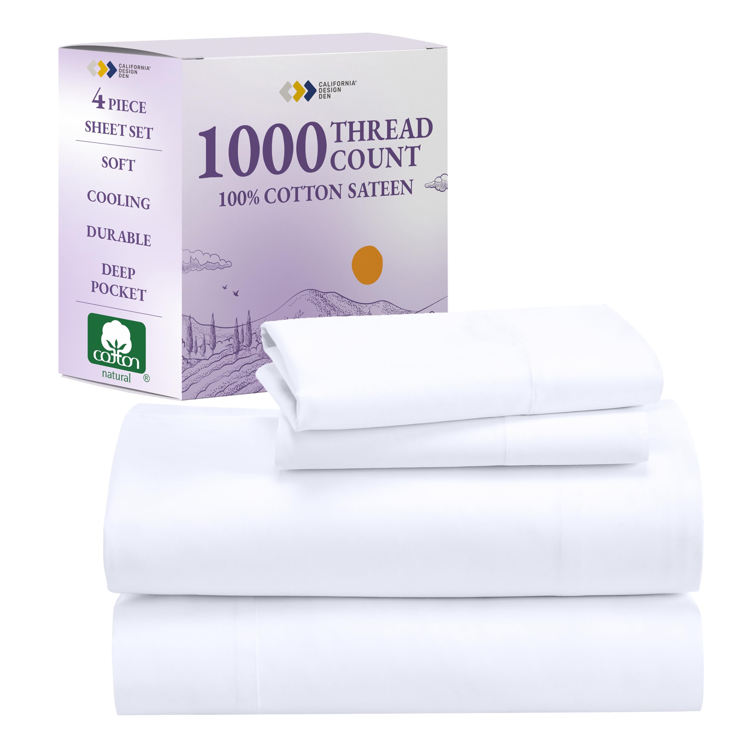 California Design Den 1000 Thread Count King Size Sheet Set - Winner Architectural Digest Best Sheet, Sateen, 100% Cotton Sheets with Deep Pockets, Softer Than Egyptian Cotton - White