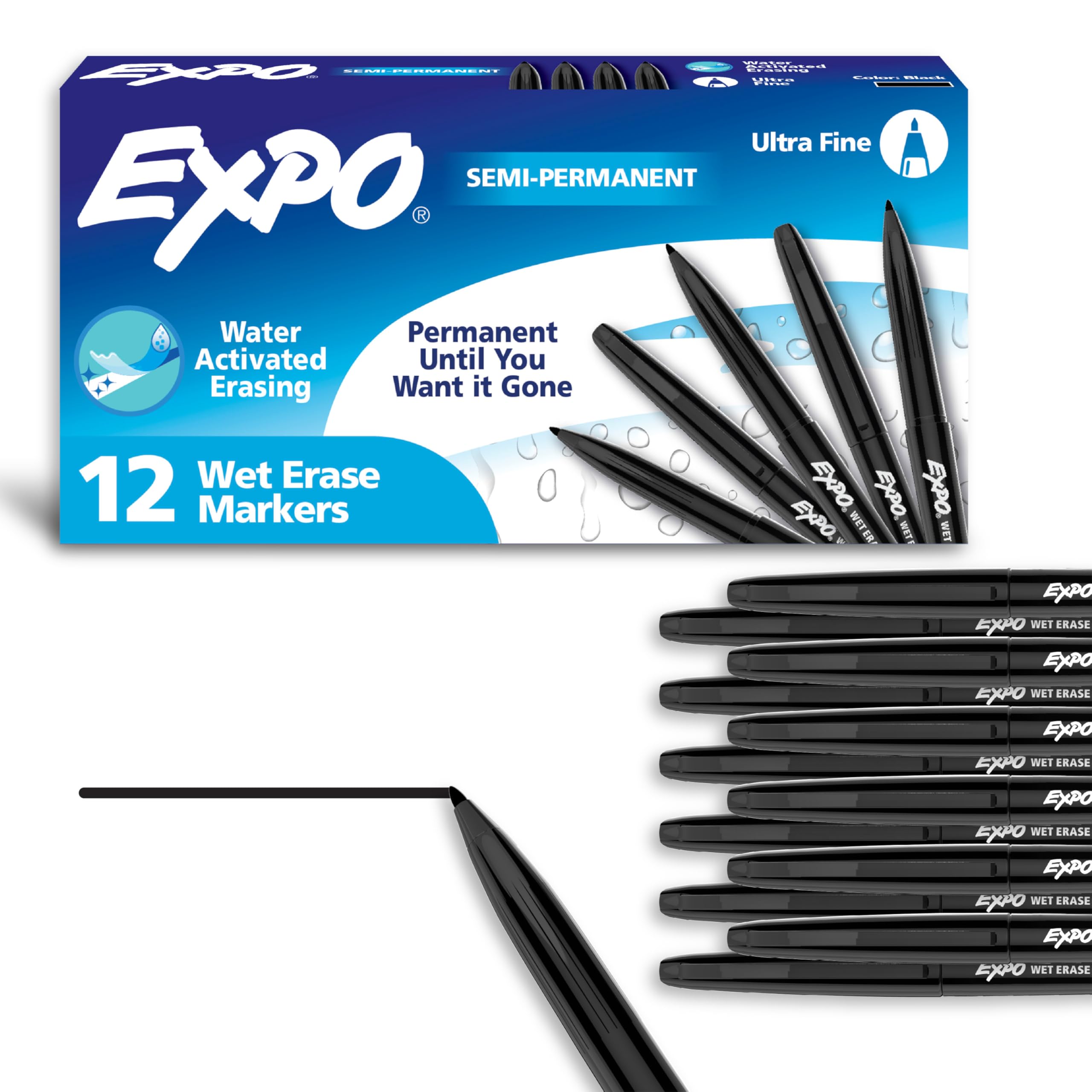 EXPO Vis-a-Vis Wet Erase Markers, Fine Point, Black, 12 Count