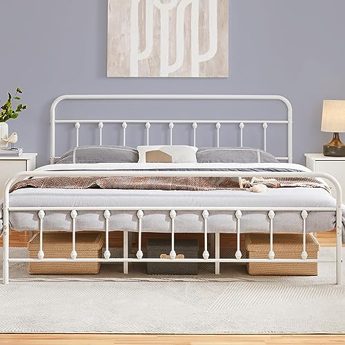 Topeakmart California King Size Victorian Style Metal Bed Frame with Headboard/Mattress Foundation/No Box Spring Needed/Under Bed Storage/Strong Slat Support White