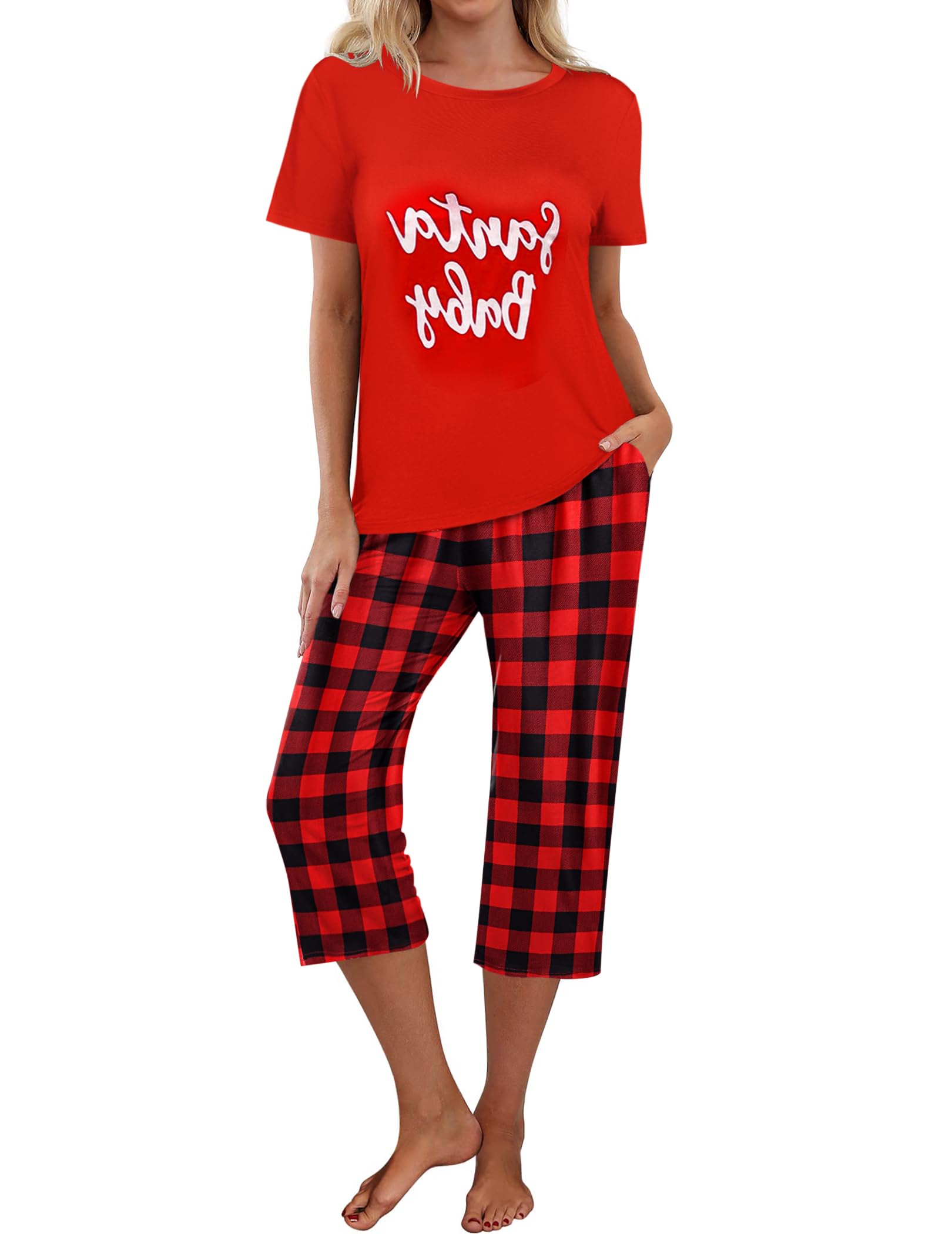 Ekouaer Womens Pajamas Set Short Sleeve Pajama for Women Sets Sleepwear Tops with Capri Pants Pj Set