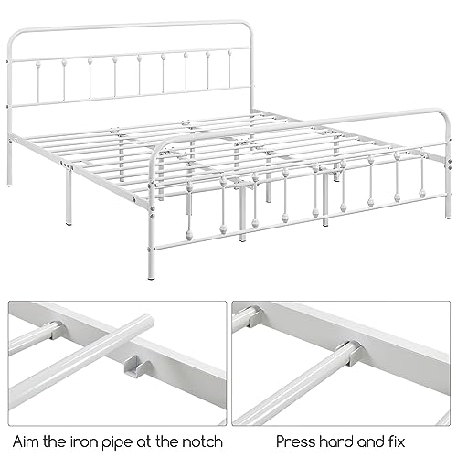 Topeakmart California King Size Victorian Style Metal Bed Frame with Headboard/Mattress Foundation/No Box Spring Needed/Under Bed Storage/Strong Slat Support White